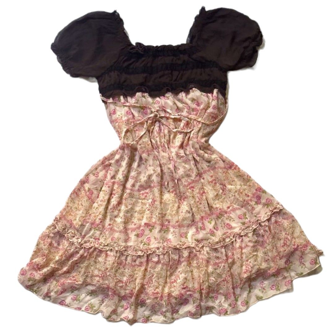 Babydoll Cottagecore Two Tone Puffy Floral Dress | Waist Tied Up Lace ...