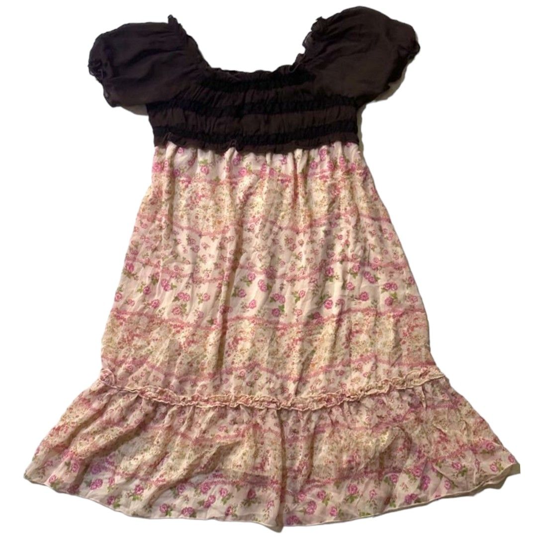 Babydoll Cottagecore Two Tone Puffy Floral Dress | Waist Tied Up Lace ...