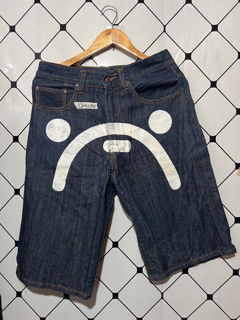Bape sad face denim, Men's Fashion, Bottoms, Shorts on Carousell