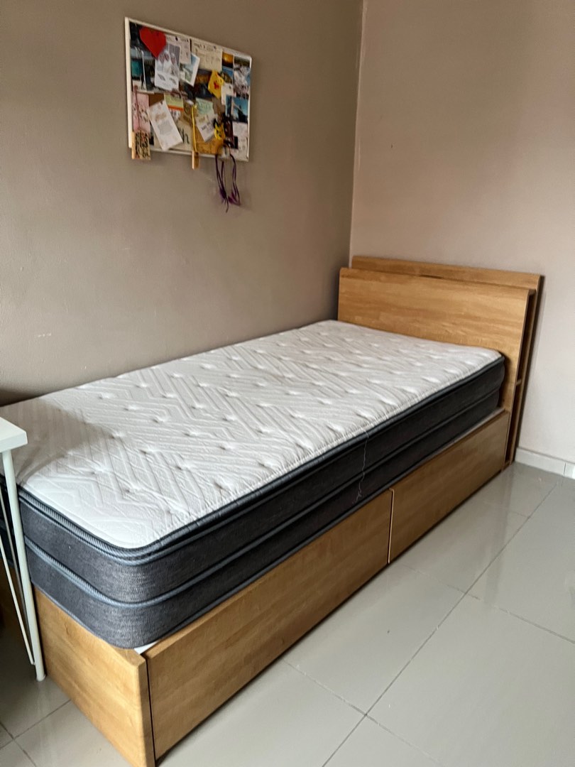 Nitori single bed + mattress 2 drawers, Furniture & Home Living ...