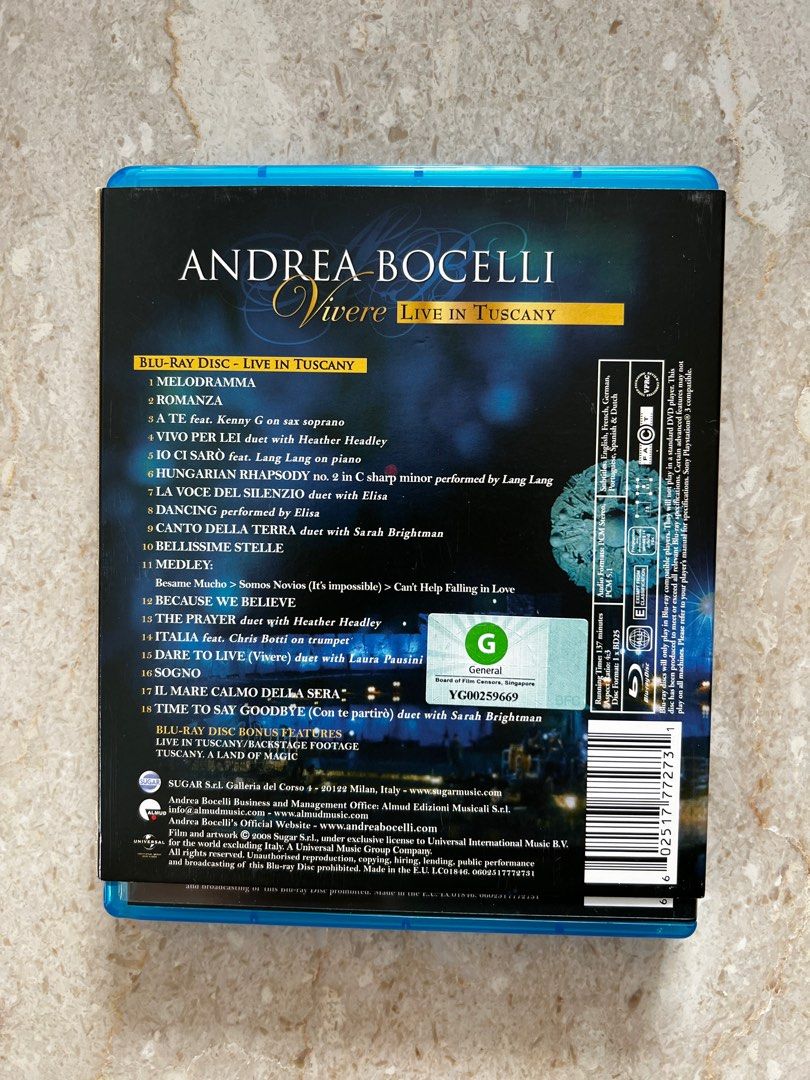 Andrea Bocelli bluray disc - Live in Tuscany, Hobbies & Toys, Music ...