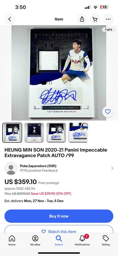 Heung Min Son Autograph and Match-Worn Patch /99 - Tottenham Panini ...
