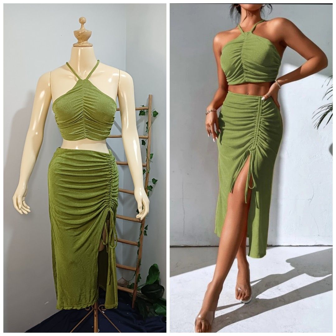 Olive Green Terno Coords Ruched Tie Back Halter Top Drawstring Slit ...