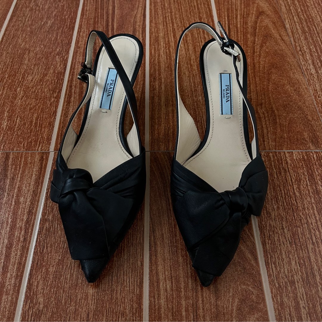 RUSH!! Authentic Prada Black Pleated Bow Slingback Pumps, Women's ...