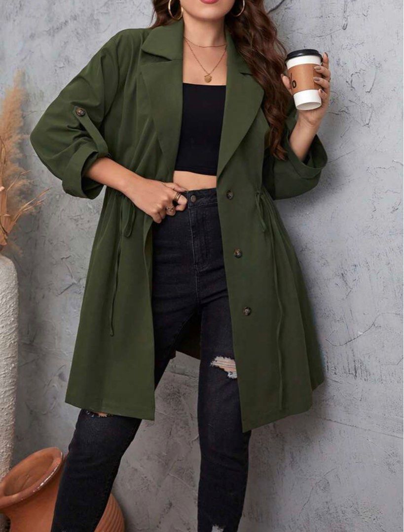 SHEIN ARMY GREEN DRAWSTRING TRENCH COAT, Women's Fashion, Coats ...