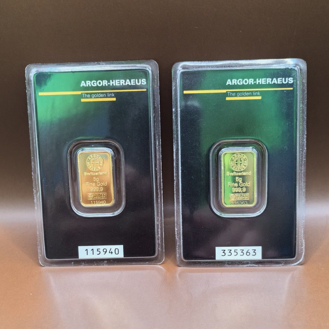 Argoe Heraeus 5g 999.9 Gold Bar with Cert (2 pcs set), Men's Fashion ...