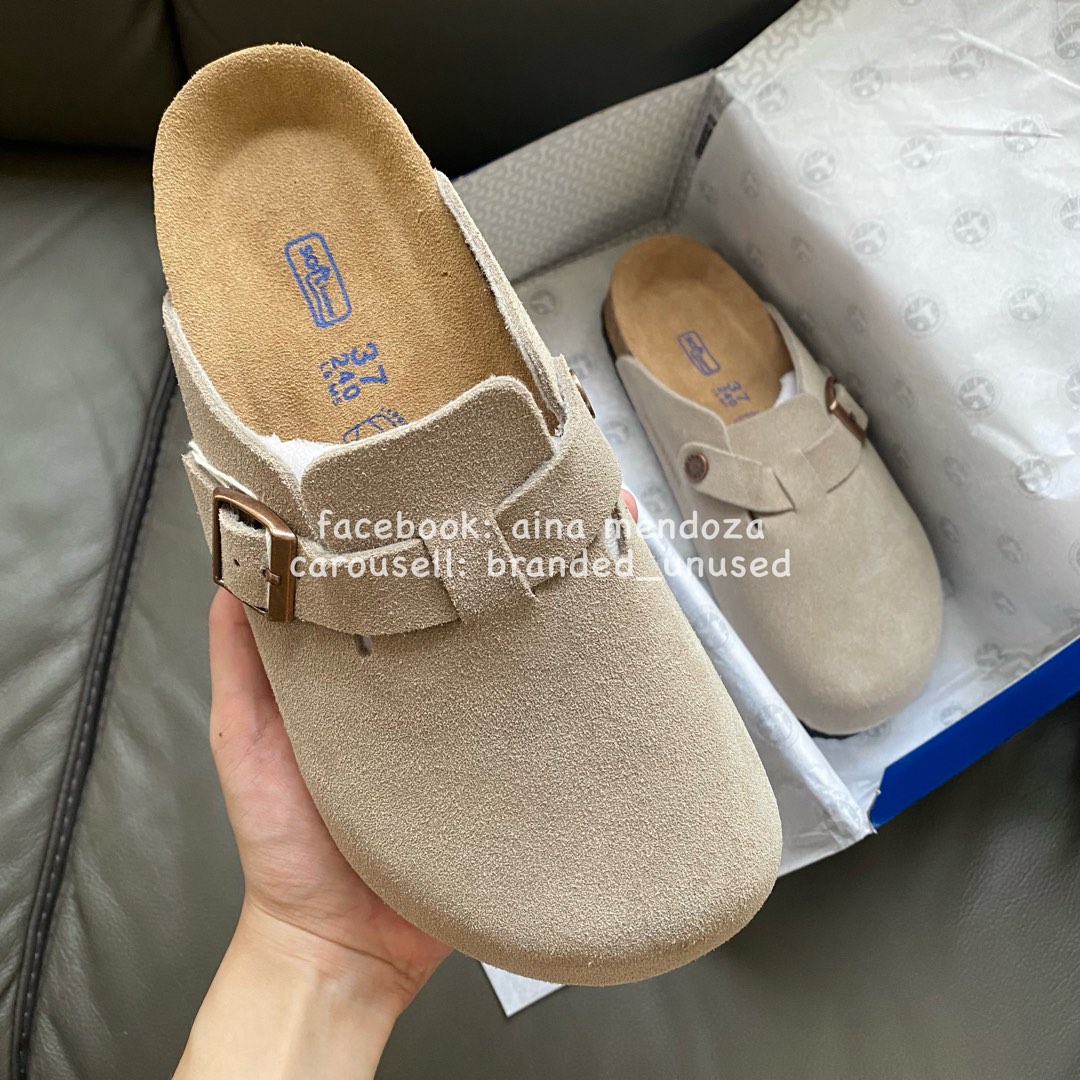 Birkenstock Boston Clogs Light Gray Taupe Suede (Soft footbed), Women's ...