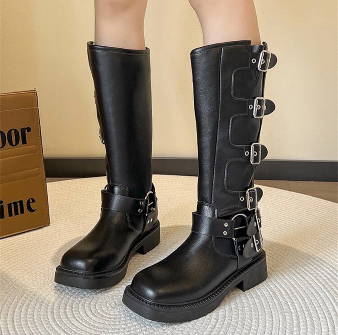 black boots with belt details, Women's Fashion, Footwear, Boots on ...