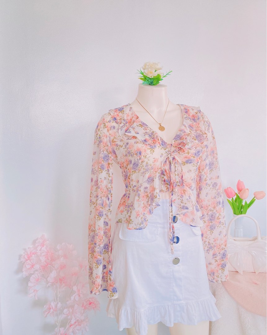 Floral sheer top, Women's Fashion, Tops, Blouses on Carousell