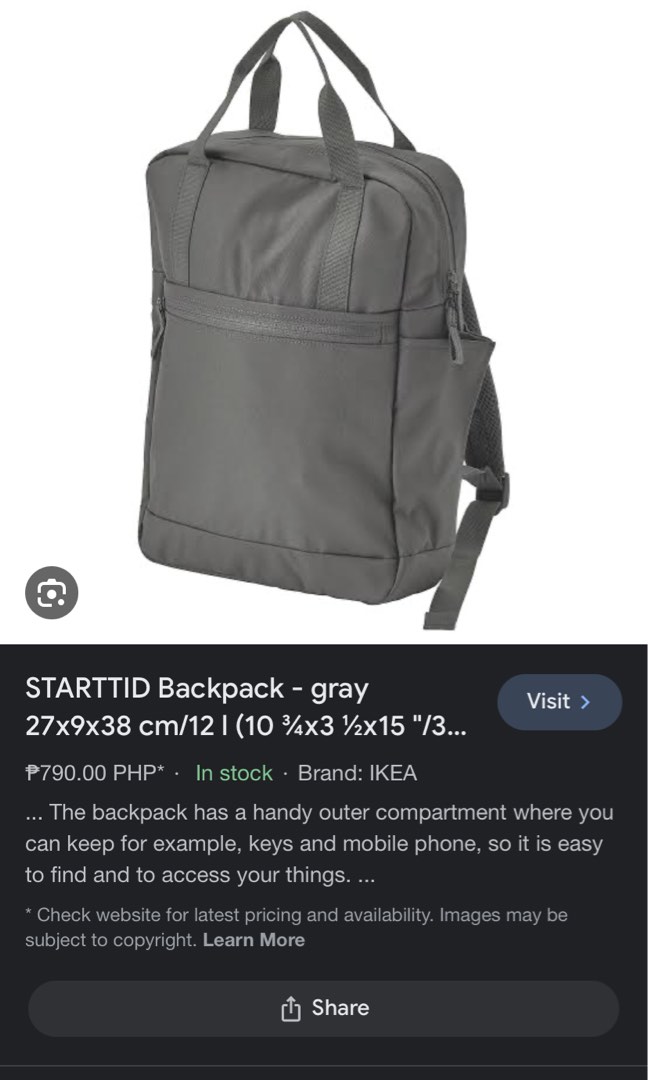 IKEA STARTIDD Backpack - Gray, Men's Fashion, Bags, Backpacks on Carousell