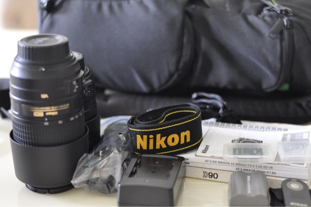 Nikon D90 body kit set, 3 lens, Manfrotto monopod, bag, dry box, Photography, Cameras on Carousell
