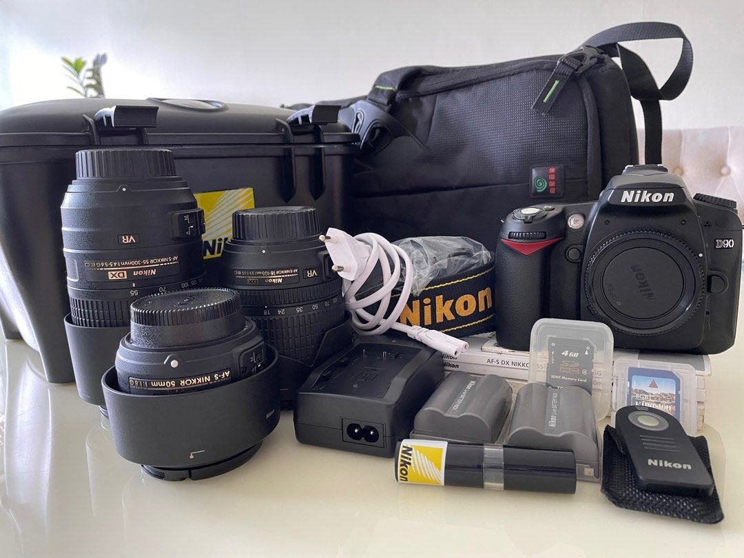 Nikon D90 body kit set, 3 lens, Manfrotto monopod, bag, dry box, Photography, Cameras on Carousell