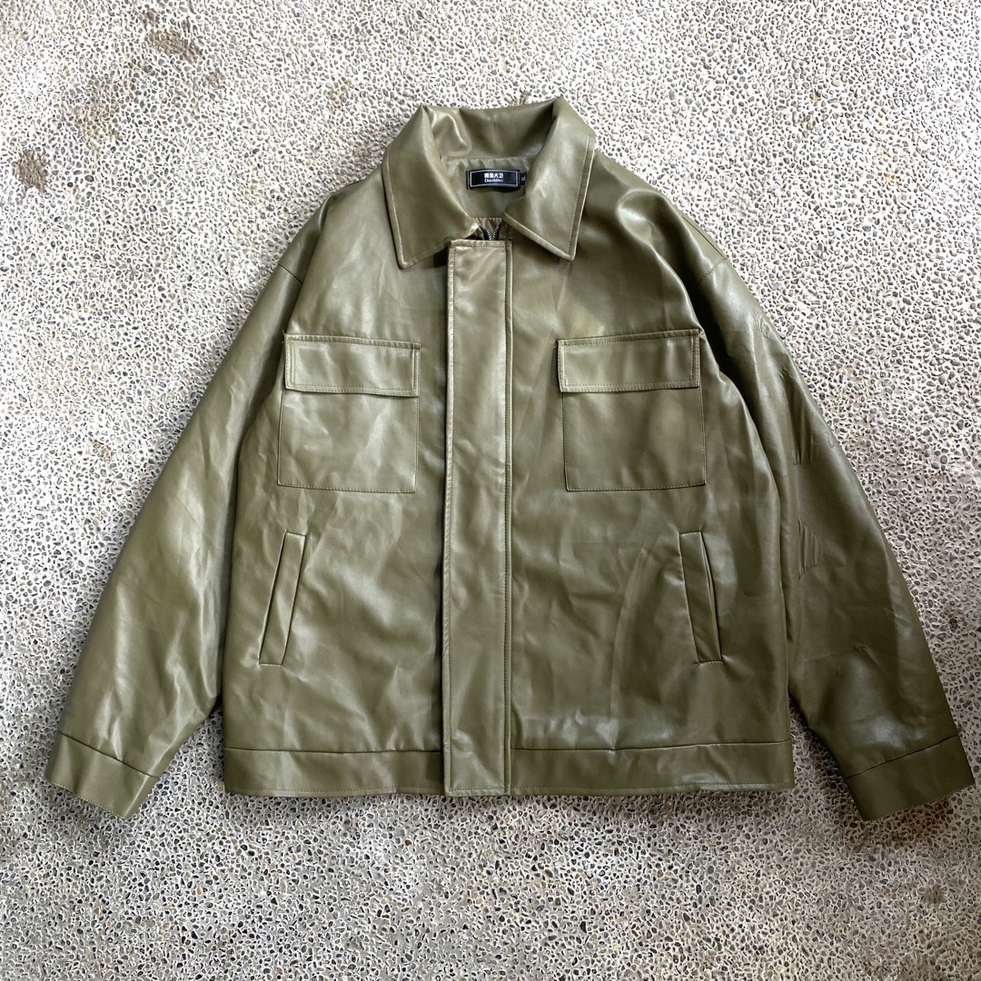 Olive Green Leather Jacket, Men's Fashion, Coats, Jackets and Outerwear ...