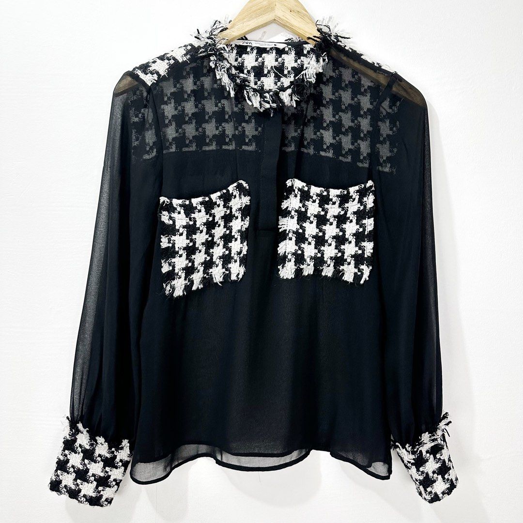 Zara tweed blouse, Women's Fashion, Tops, Blouses on Carousell