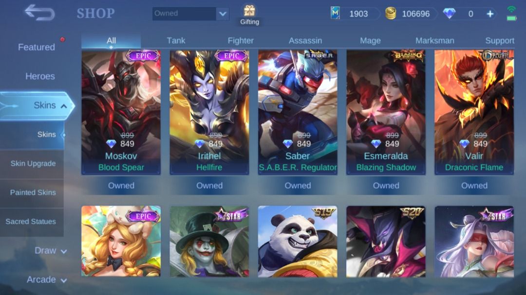 182 SKINS, LEGEND FRANCO, 8 EPIC SKINS, ZODIAC ODETTE, EPIC LIMITED ...