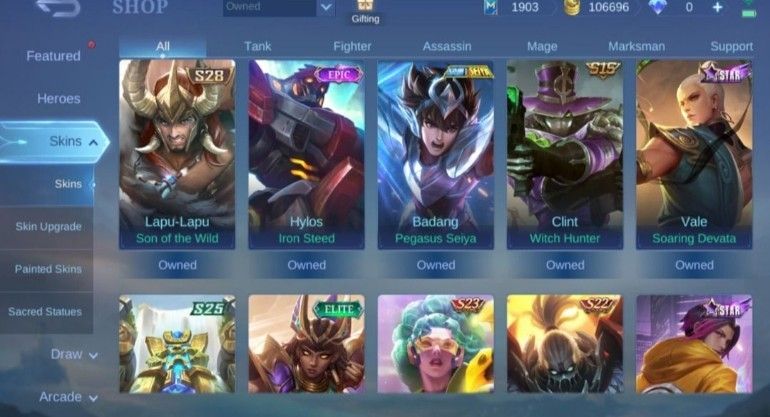 182 SKINS, LEGEND FRANCO, 8 EPIC SKINS, ZODIAC ODETTE, EPIC LIMITED HYLOS, SAINT SEIYA BADANG ...