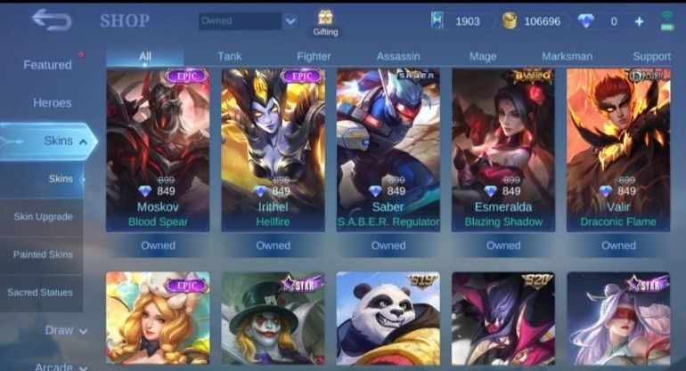 182 SKINS, LEGEND FRANCO, 8 EPIC SKINS, ZODIAC ODETTE, EPIC LIMITED HYLOS, SAINT SEIYA BADANG ...