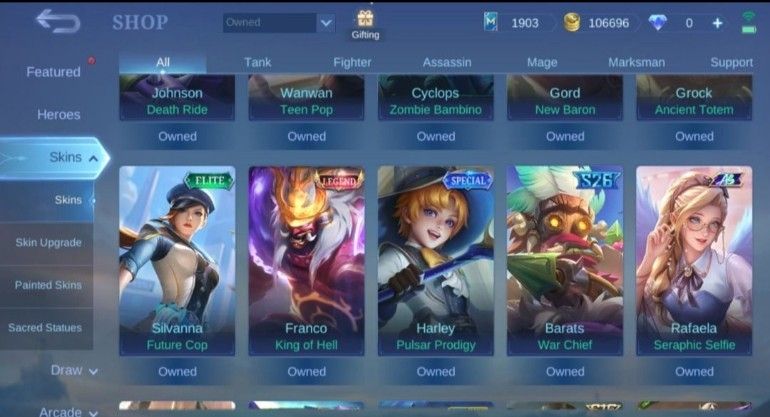 182 SKINS, LEGEND FRANCO, 8 EPIC SKINS, ZODIAC ODETTE, EPIC LIMITED HYLOS, SAINT SEIYA BADANG ...