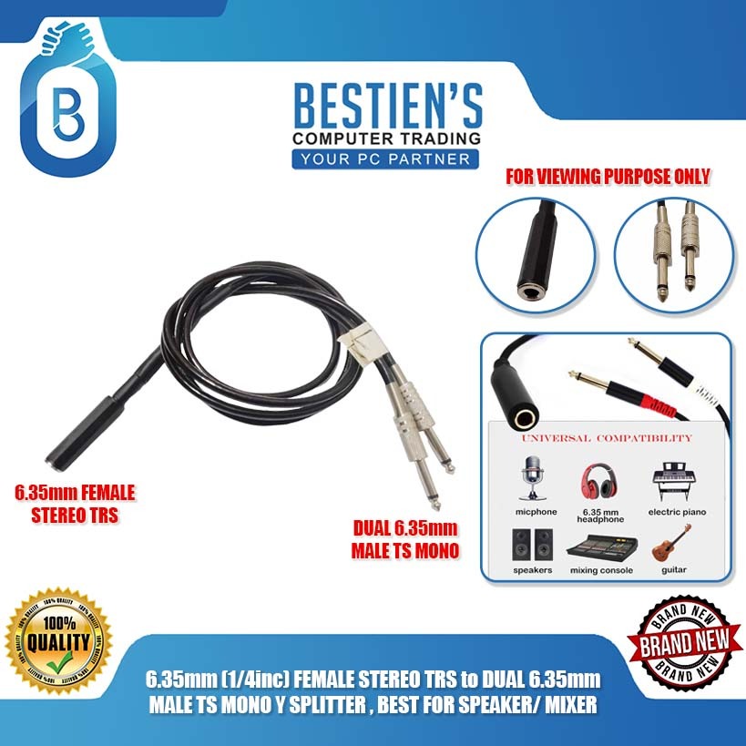6.35mm (1/4inc) FEMALE STEREO TRS to DUAL 6.35mm MALE TS MONO Y ...