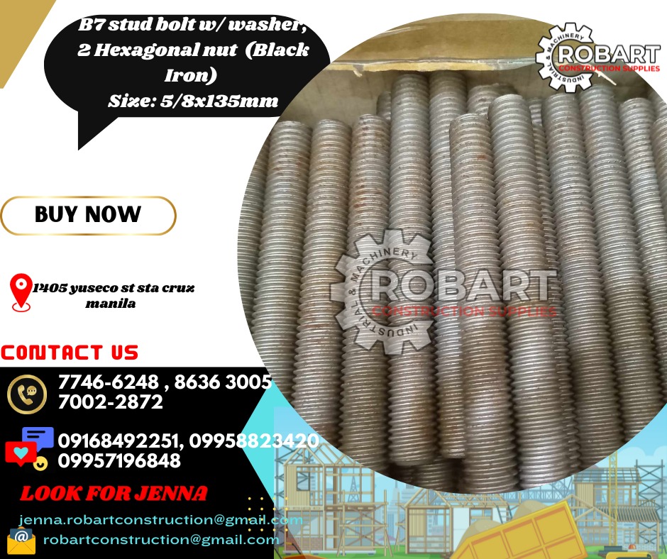 B7 stud bolt w/ washer, 2 Hexagonal nut (Black Iron) Size: 5/8x135mm ...