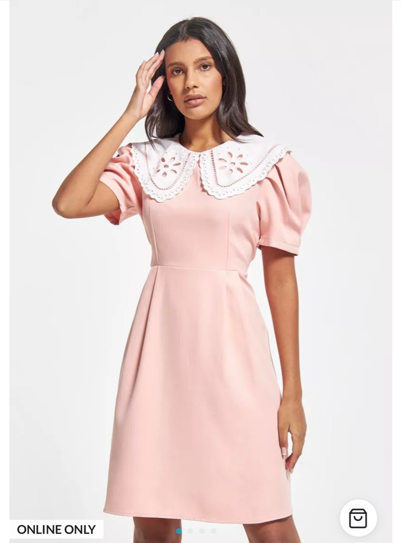 Baby pink Peter Pan collared puff sleeves dress, Women's Fashion ...