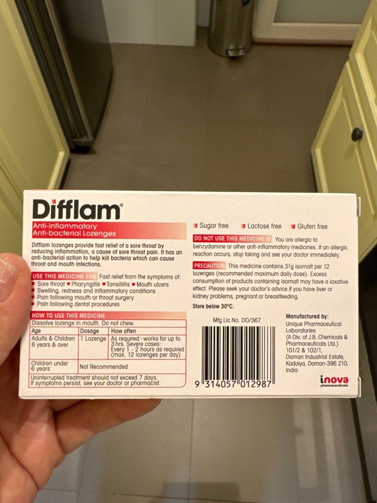 Difflam Anti-bacterial Rasberry Sugar free 16 Lozenges, Health ...