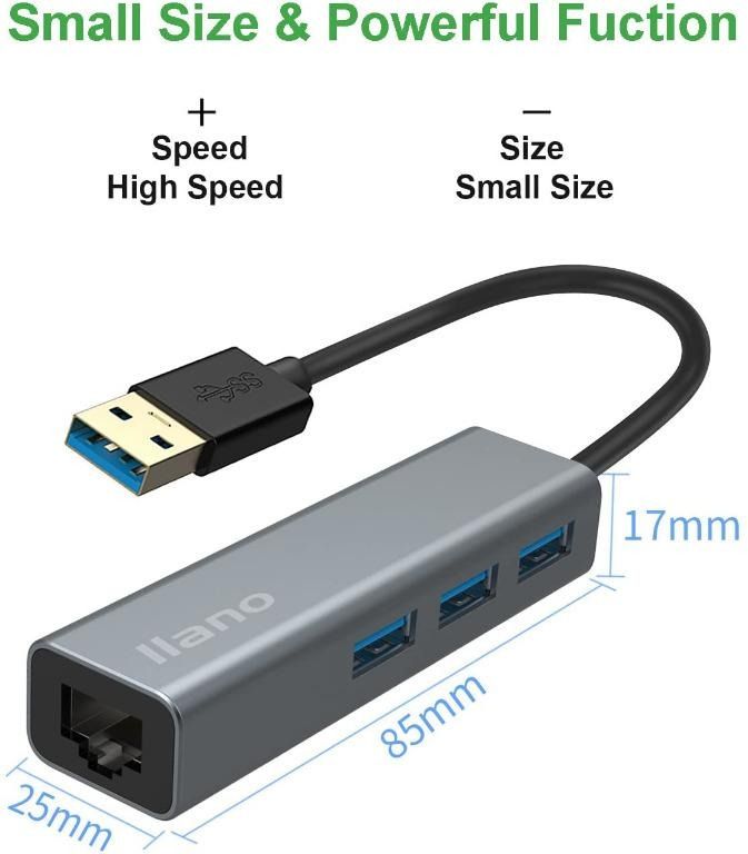 llano USB to Ethernet Adapter, 3-Port USB 3.0 Hub with RJ45 10/100/1000 ...