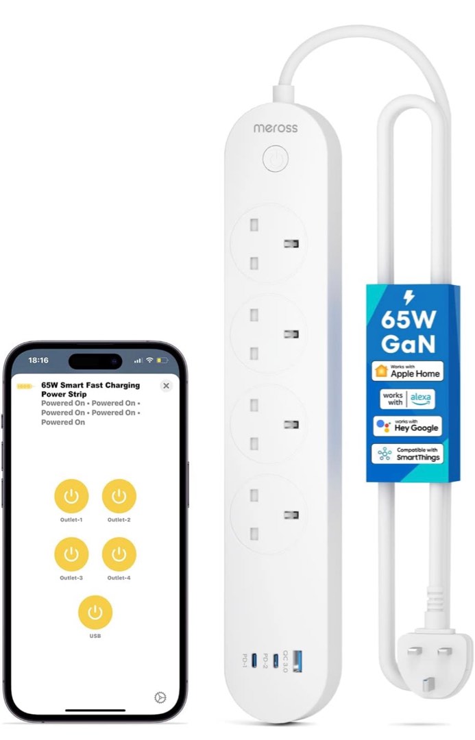 Meross Smart Power Strip, 65W GaN Fast Charger, 4 Outlet + 2 USB C + 1 ...