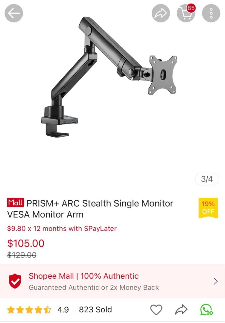 Monitor Arm Arc Stealth single, Computers & Tech, Parts & Accessories ...