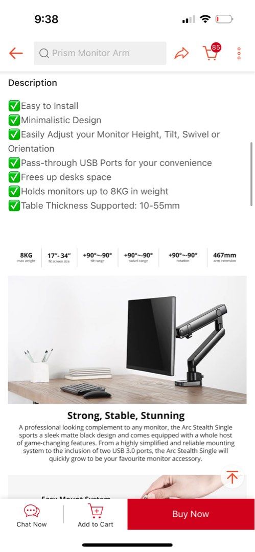 Monitor Arm Arc Stealth single, Computers & Tech, Parts & Accessories ...
