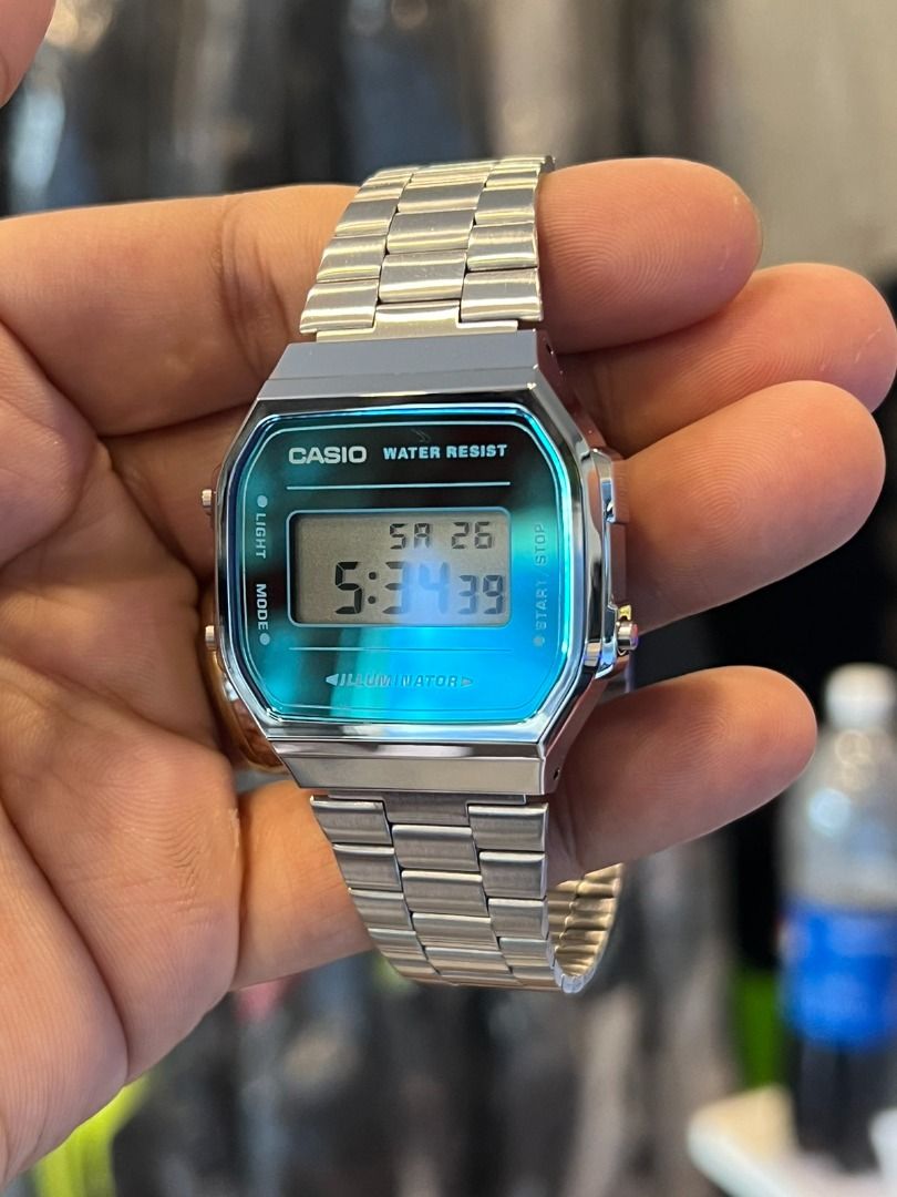 ORIGINAL CASIO Illuminator Digital Mirror Finish Face Light Blue Dial ...