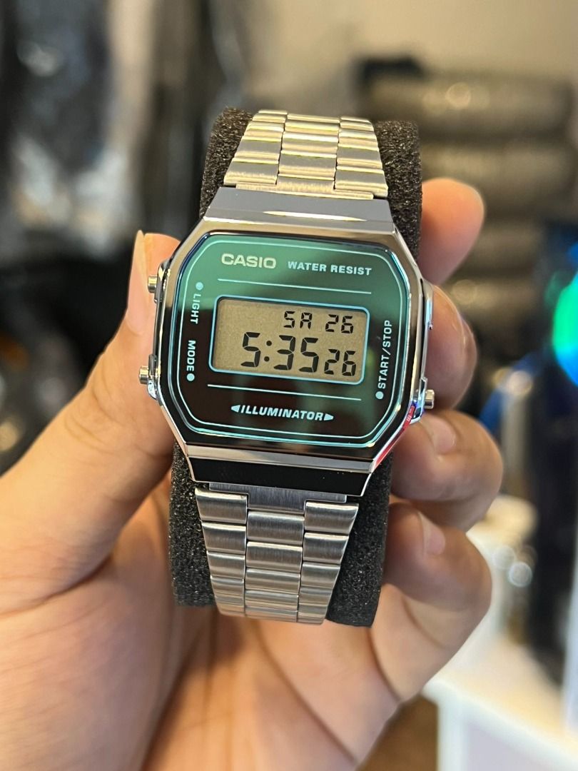 ORIGINAL CASIO Illuminator Digital Mirror Finish Face Light Blue Dial ...