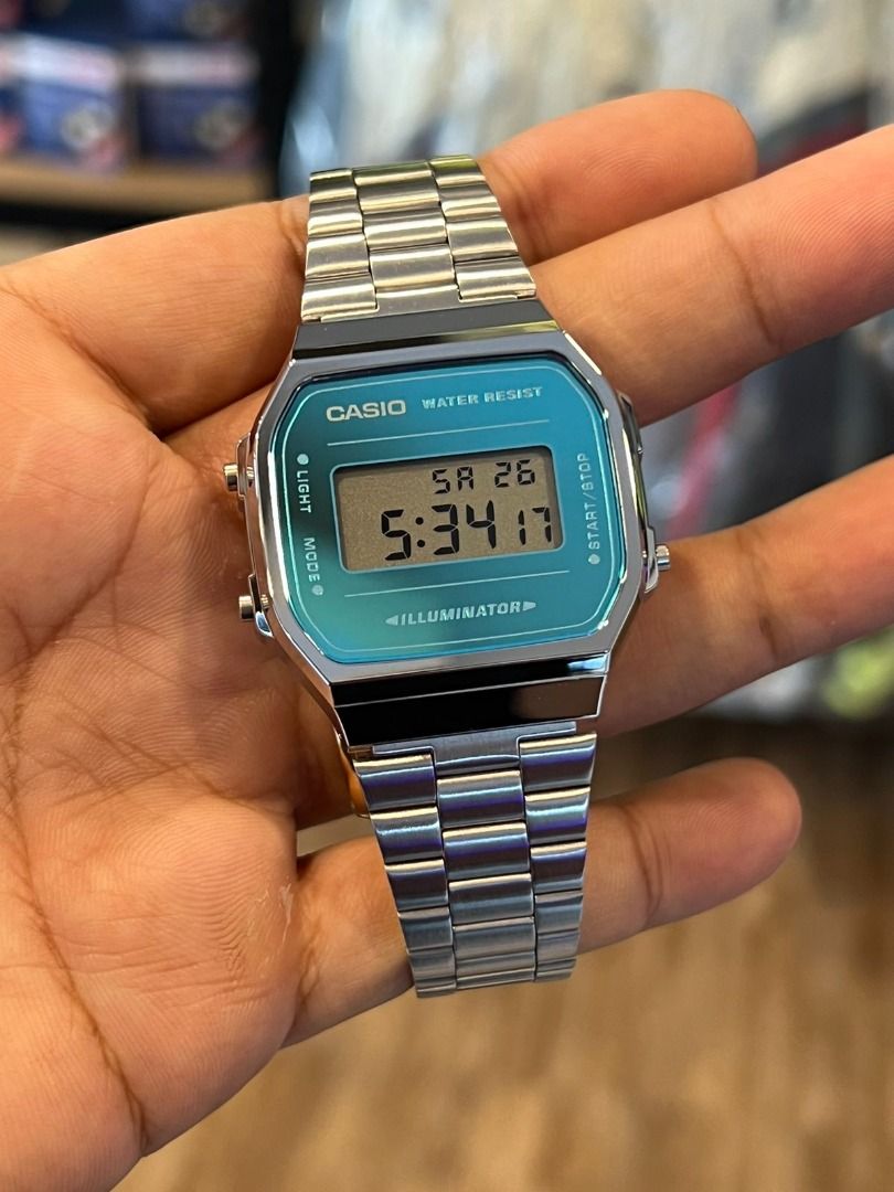 ORIGINAL CASIO Illuminator Digital Mirror Finish Face Light Blue Dial ...