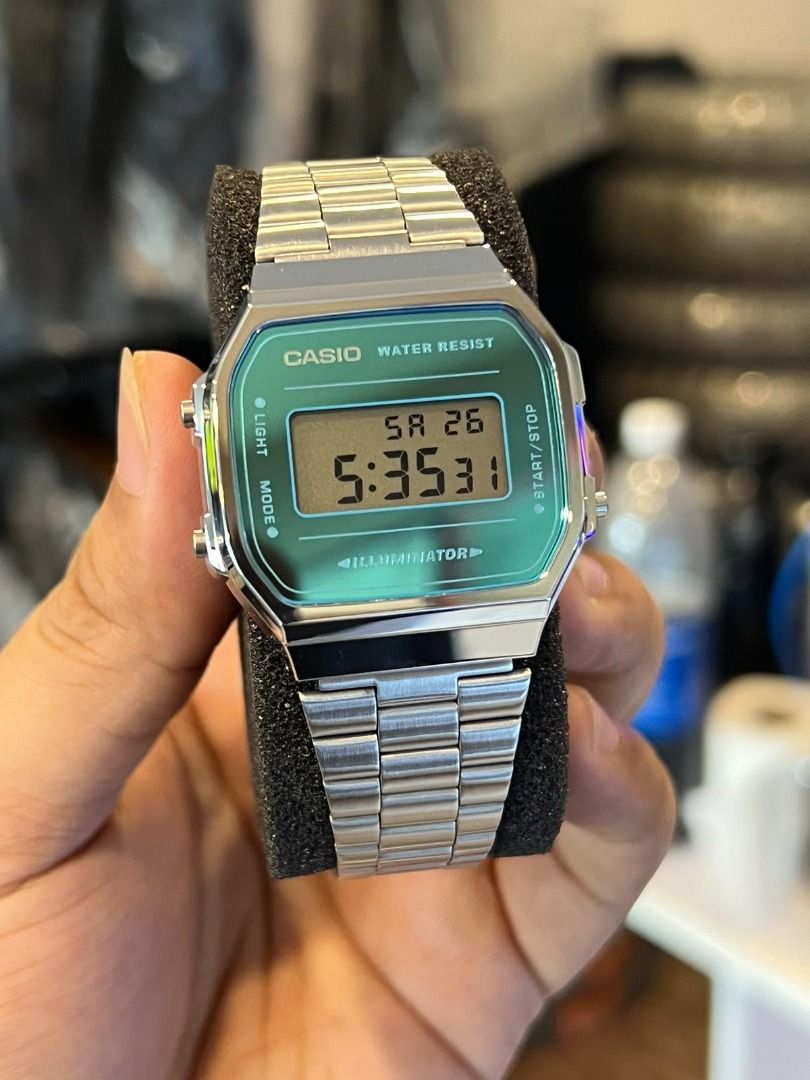ORIGINAL CASIO Illuminator Digital Mirror Finish Face Light Blue Dial ...