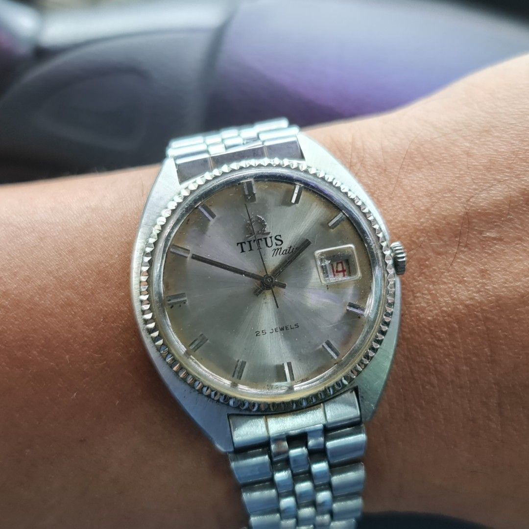 Titus Matic date C Shape silver patina sunburst dial Fluted Bezel omega ...