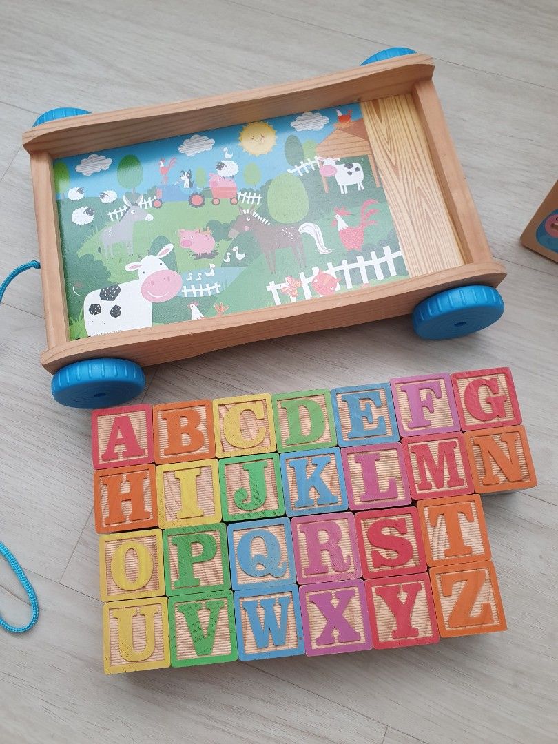 Wooden children toy bundle blocks wagon alphabets numbers puzzle clock ...