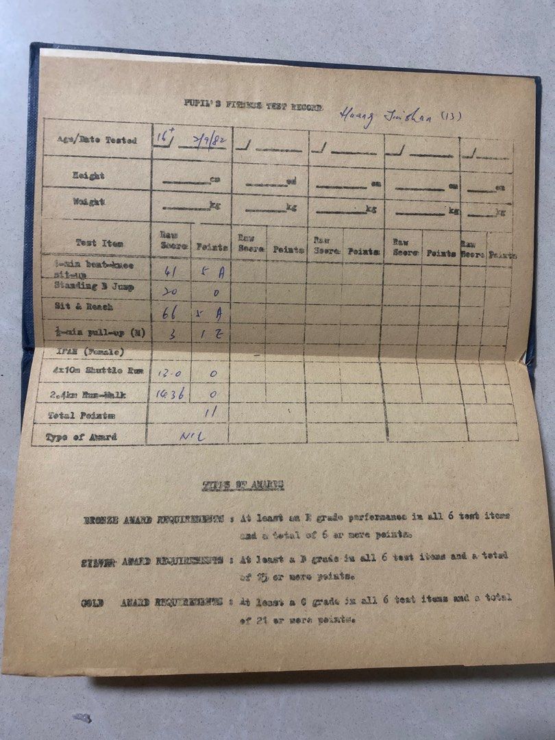 1970s Ghim Moh Sec School Report Book with Fitness Test Record ...