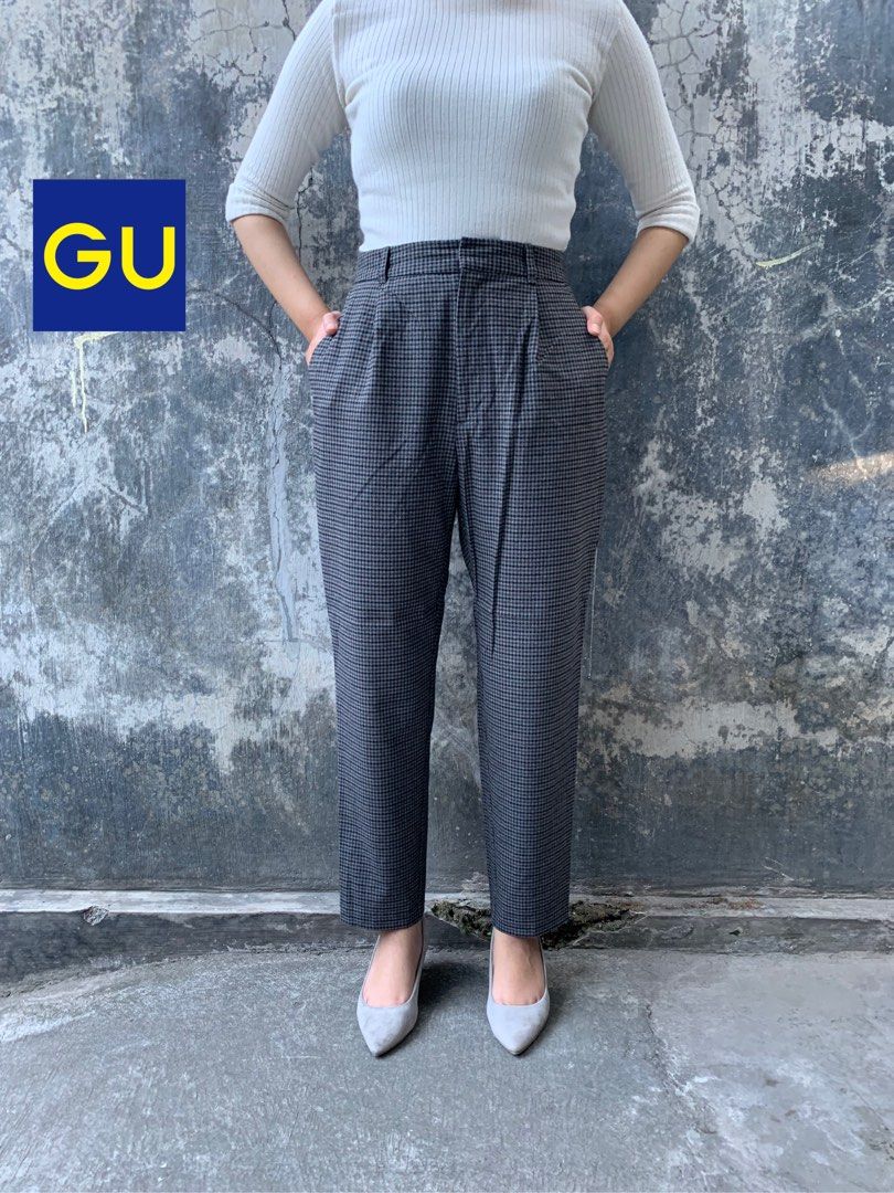Baggy pants gu uniqlo motif tartan plaid pants bahan kerja office pants ...
