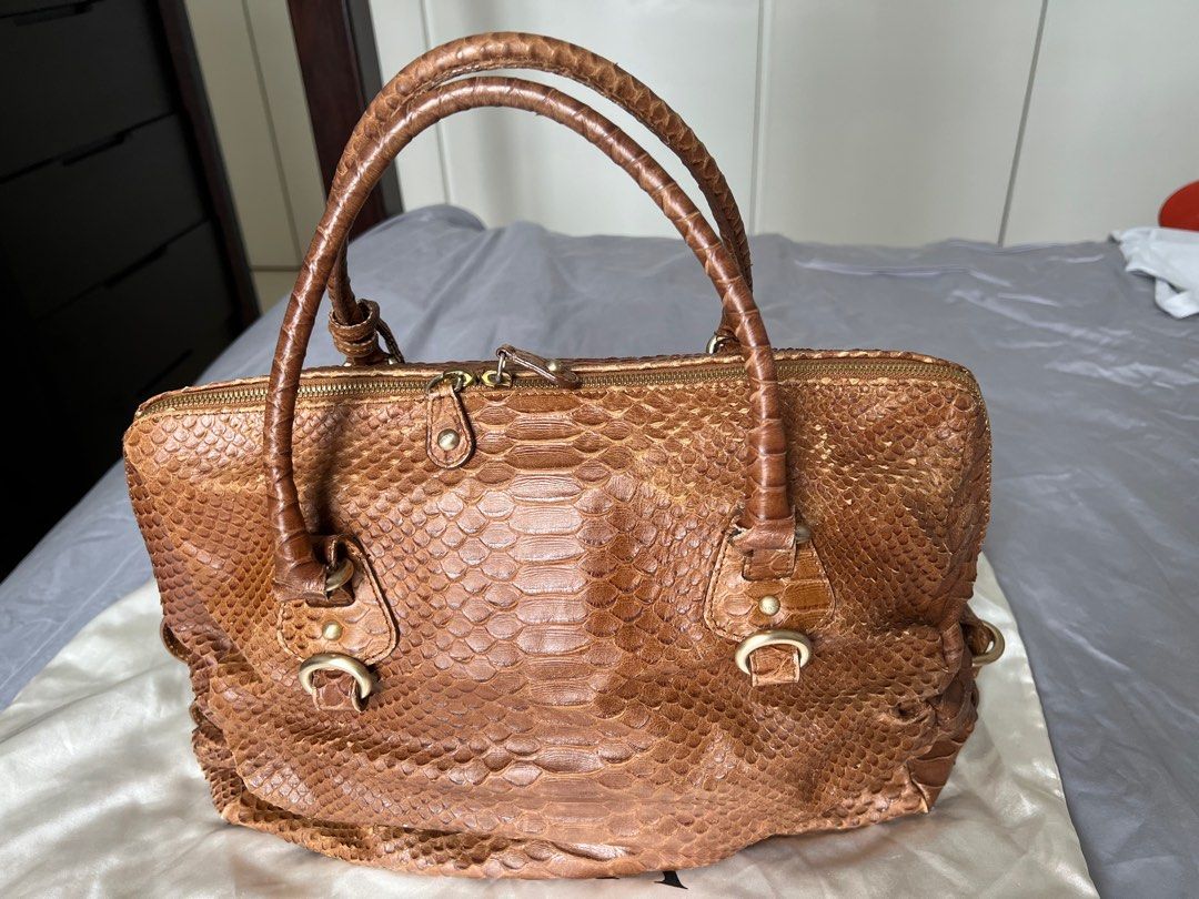 Furla mock snake skin leather bag in beautiful tan and gold metal trim ...