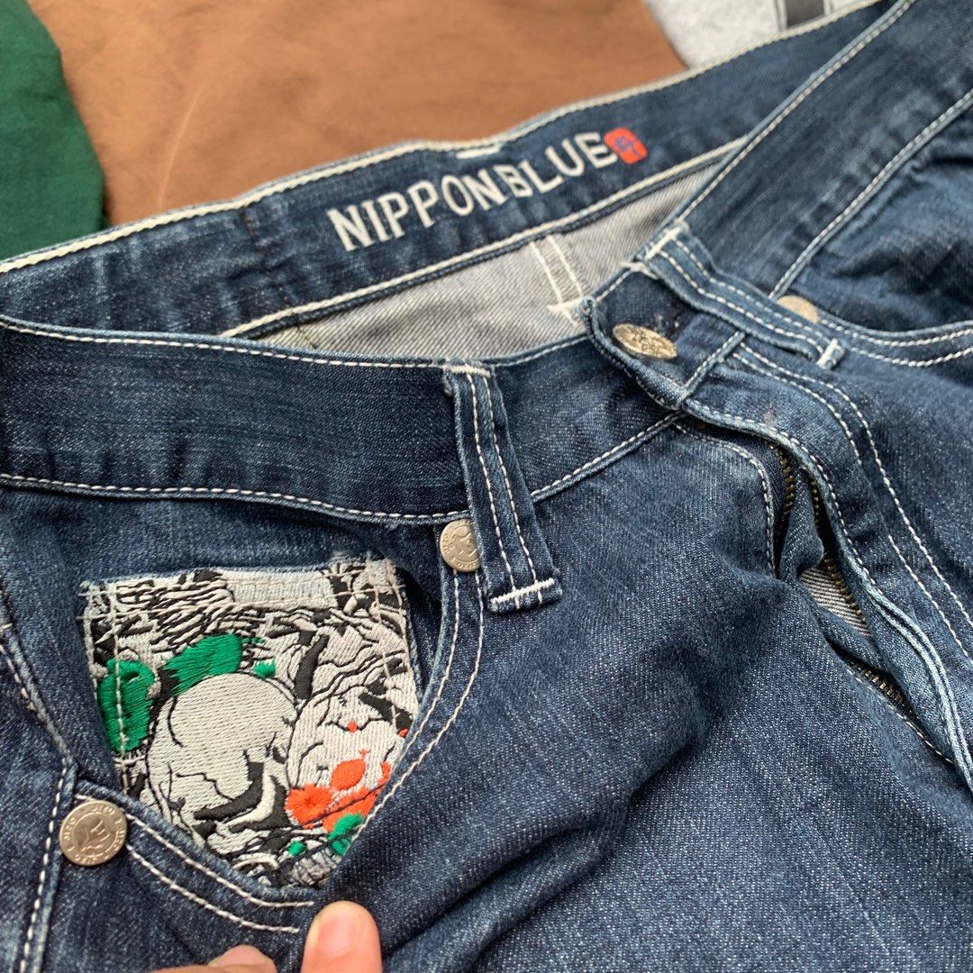 Nippon Blue Embroidered Japanese Jorts, Men's Fashion, Bottoms, Shorts ...