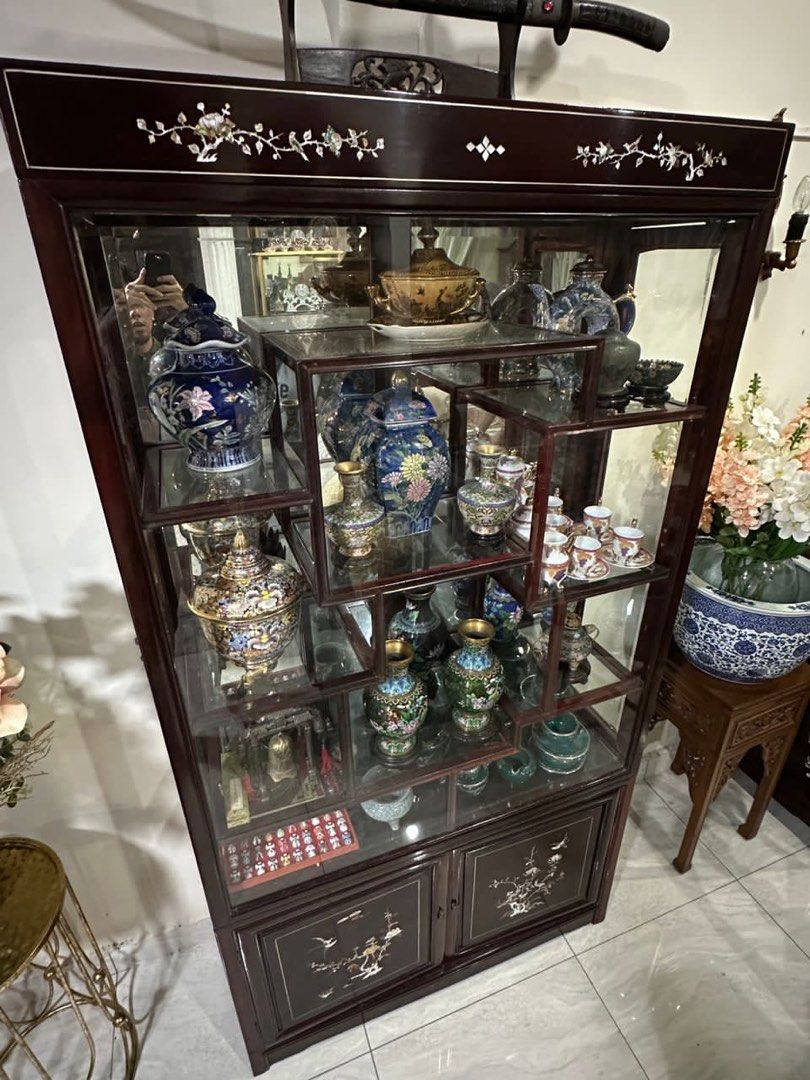 Rosewood display cabinet with glass mother of pearl chinese antique ...