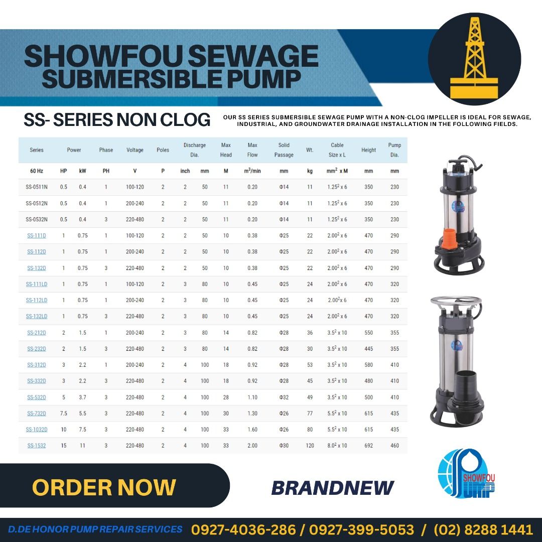 SHOWFOU SUBMERSIBLE SEWAGE PUMP SS SERIES, Commercial & Industrial, Industrial Equipment on ...
