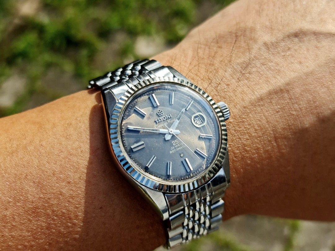 Titoni Cosmo King 25J automatic 14k rim Grey patina Dial fluted bezel ...