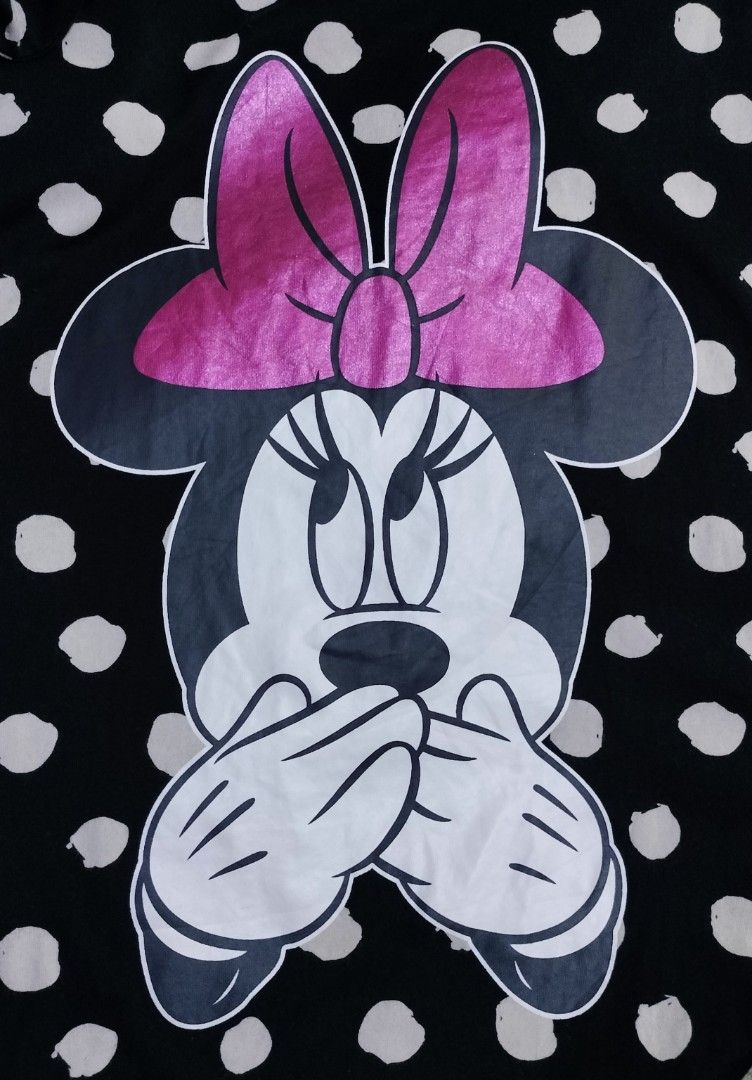 Uniqlo UT Disney Minnie Mouse Pink Ribbon Polka Dots Black Top, Women's ...