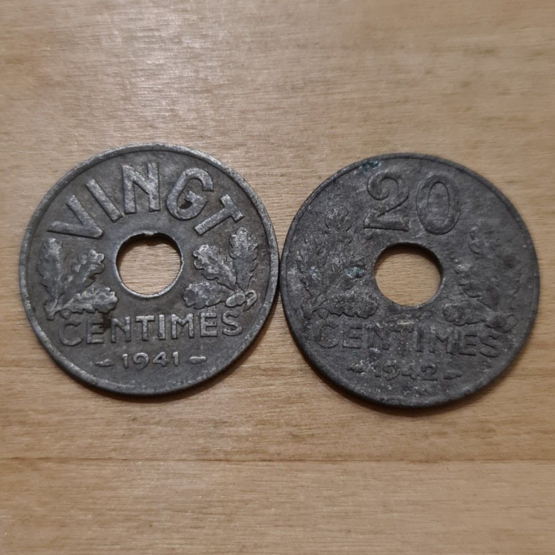 1941, 1942 Vichy France 20 Centime Coins, Hobbies & Toys, Memorabilia ...
