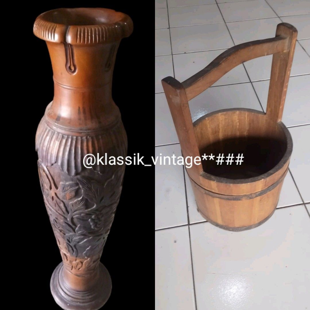 2 brg jadul bahan kayu,guci kayu dan ember jadul, Antik, Lainnya di ...