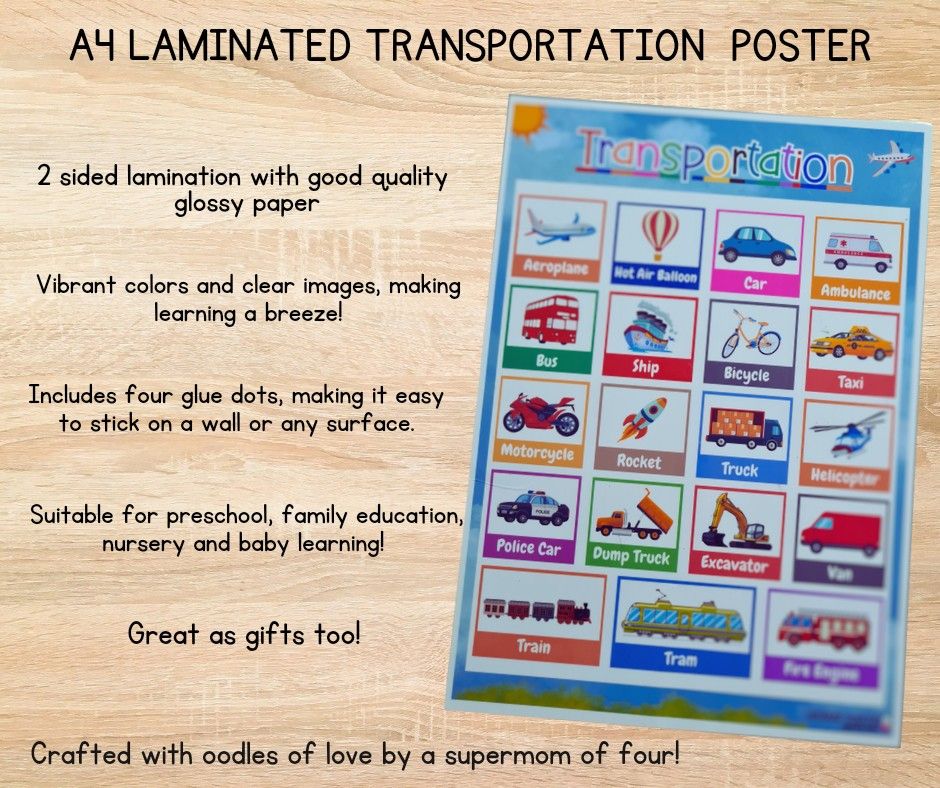 A4 Laminted Educational Poster - Transportation, Hobbies & Toys, Books ...