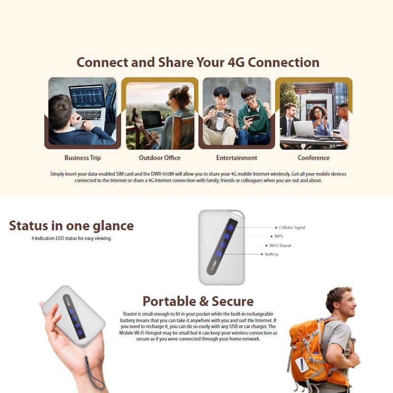 D-Link Sleek Design 4G LTE Wireless Mobile Portable Sim Card Mifi Wifi ...