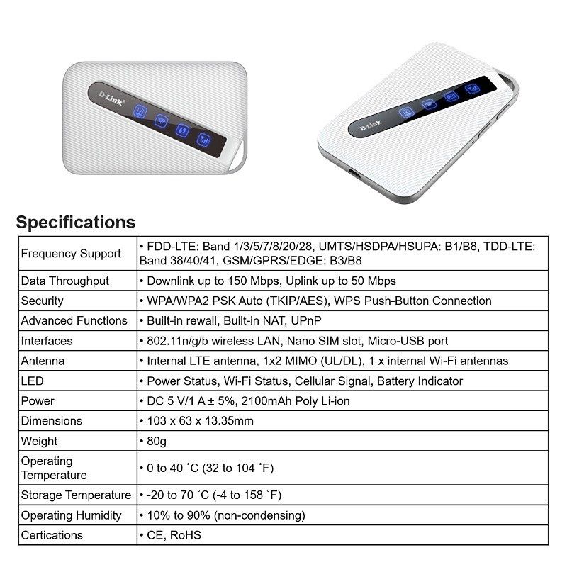D-Link Sleek Design 4G LTE Wireless Mobile Portable Sim Card Mifi Wifi ...