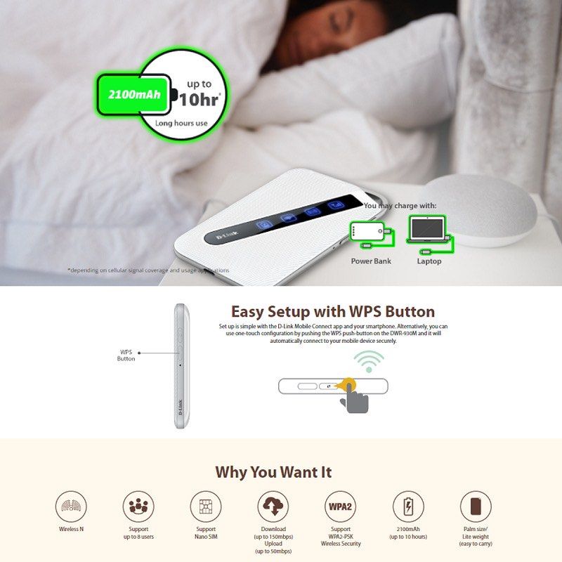 D-Link Sleek Design 4G LTE Wireless Mobile Portable Sim Card Mifi Wifi ...